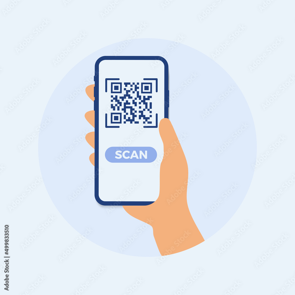 Smartphone mockup in human hand. Scan QR code. Vector flat colorful ...