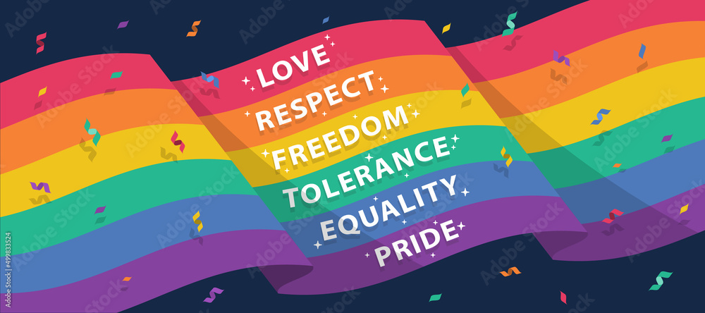 love, respect, freedom, tolerance equality and pride text on waving ...