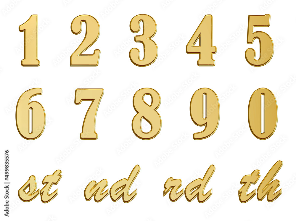 Gold numbers with endings made of golden texture isolated on white ...
