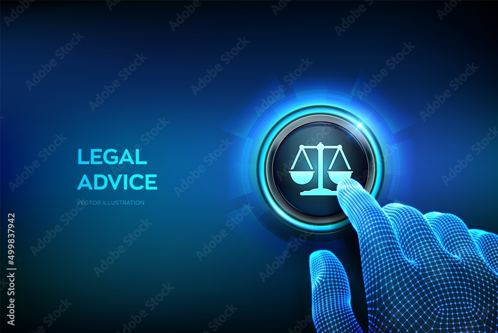 Naklejka Labor law Lawyer Attorney at law Legal advice concept. Closeup finger about to press a button. Internet law and cyberlaw as digital legal