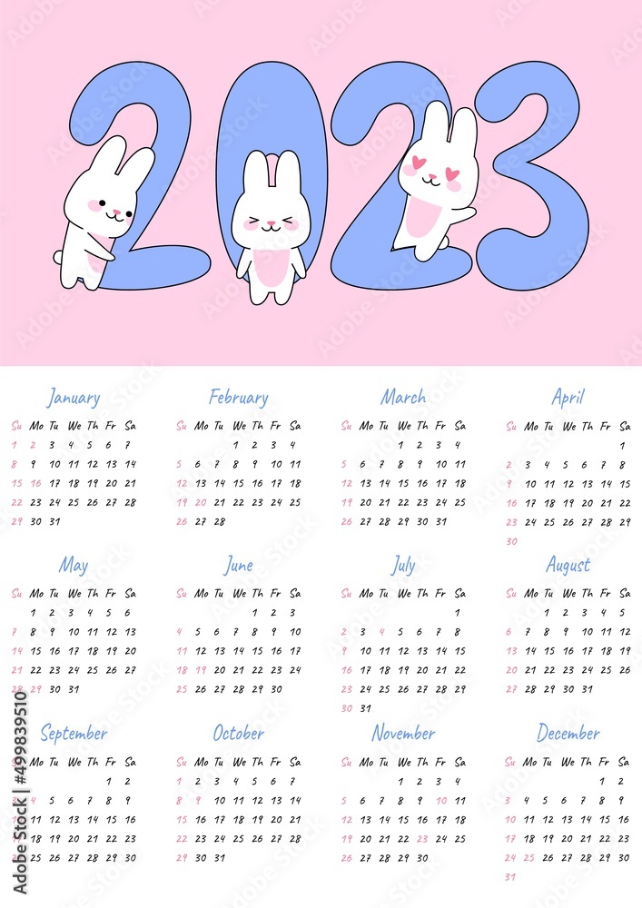 Calendar 2023 with cute kawaii rabbits. Page with 12 months. Bunny ...