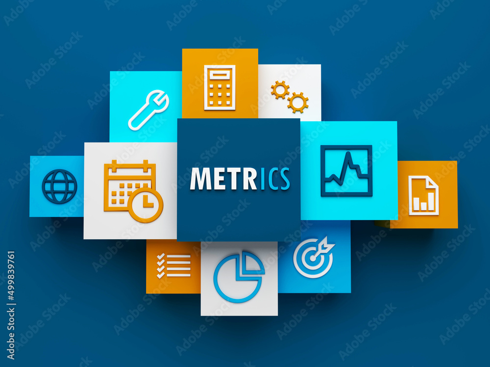 3D render of top view of METRICS business concept on dark blue ...