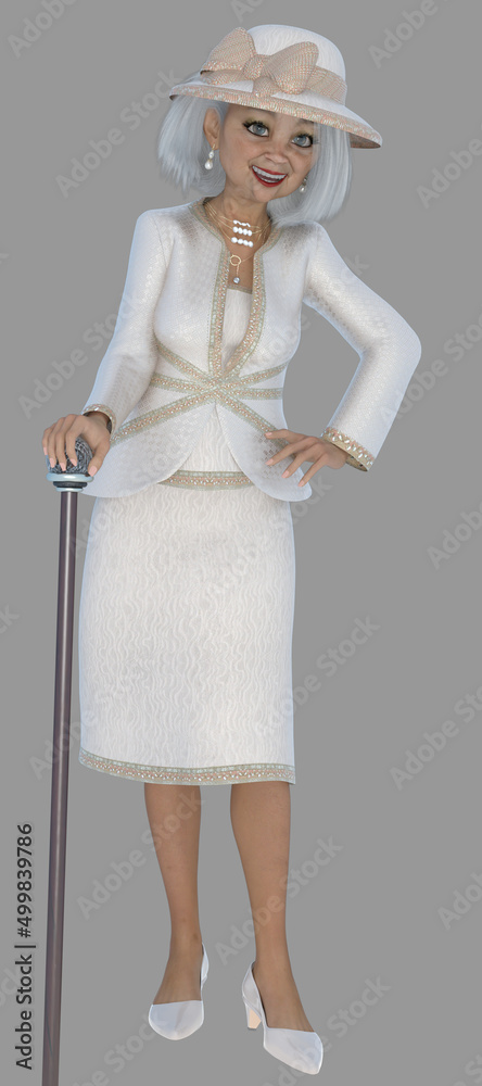 Flossy is an on the go senior woman with straight white hair and big ...