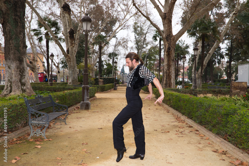 handsome gypsy man dancing flamenco with long hair and beard was ...