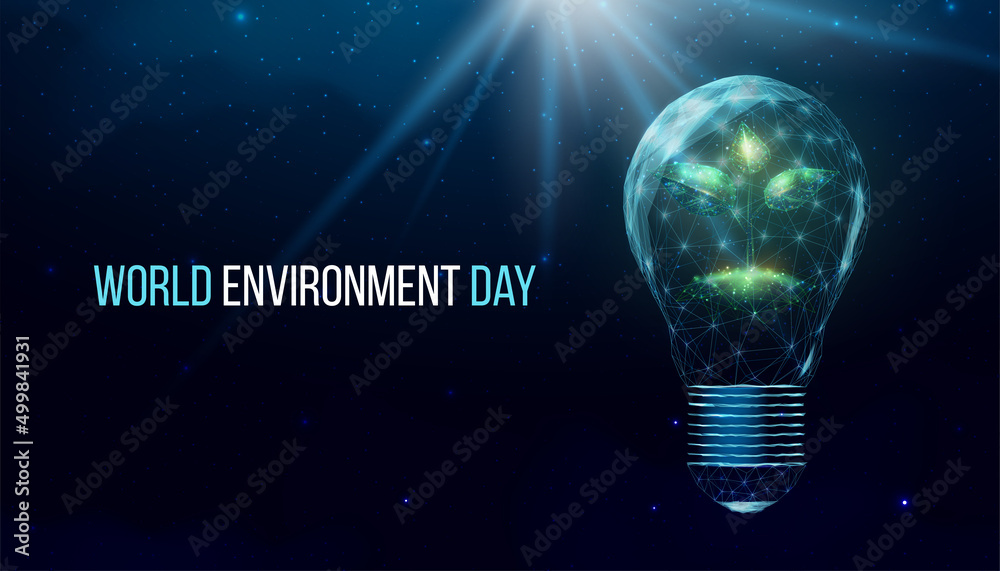 World environment day concept. Banner with wireframe polygonal plant in ...