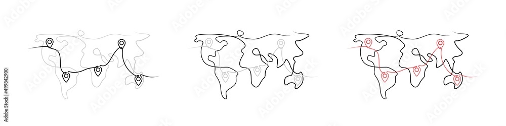 Location pointers on world map one line drawing. Location pins on map ...