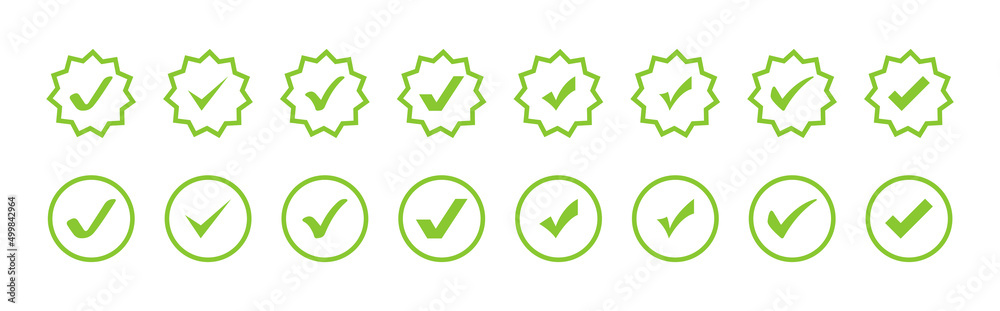 Green ticks icon set. Different ticks shapes. Checkmark checkbox tick confirmation approve ...