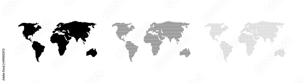 Different world map icons isolated on white background. Line and dotted ...