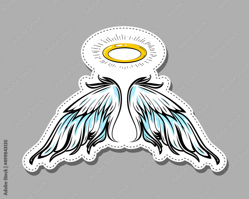 Angel cartoon halo and wings. Comic style label, sticker or tag design ...