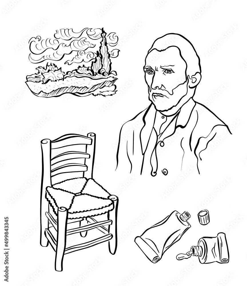 Vincent Van Gogh portraits, line art, paintings isolated on white ...
