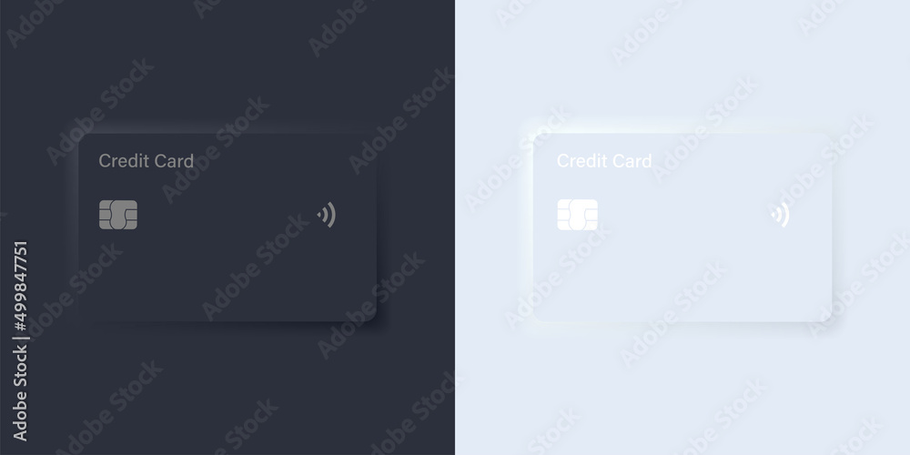 Dark and light neumorphism credit card template. Neumorphic bank card interface mockup. Digital ...