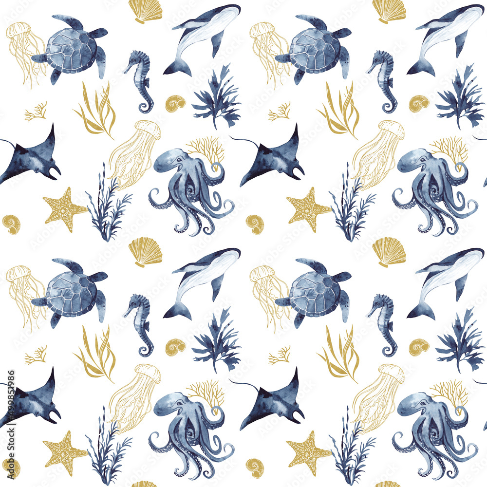 Digital paper, a pattern with a silhouette of shells, whales, seahorses ...