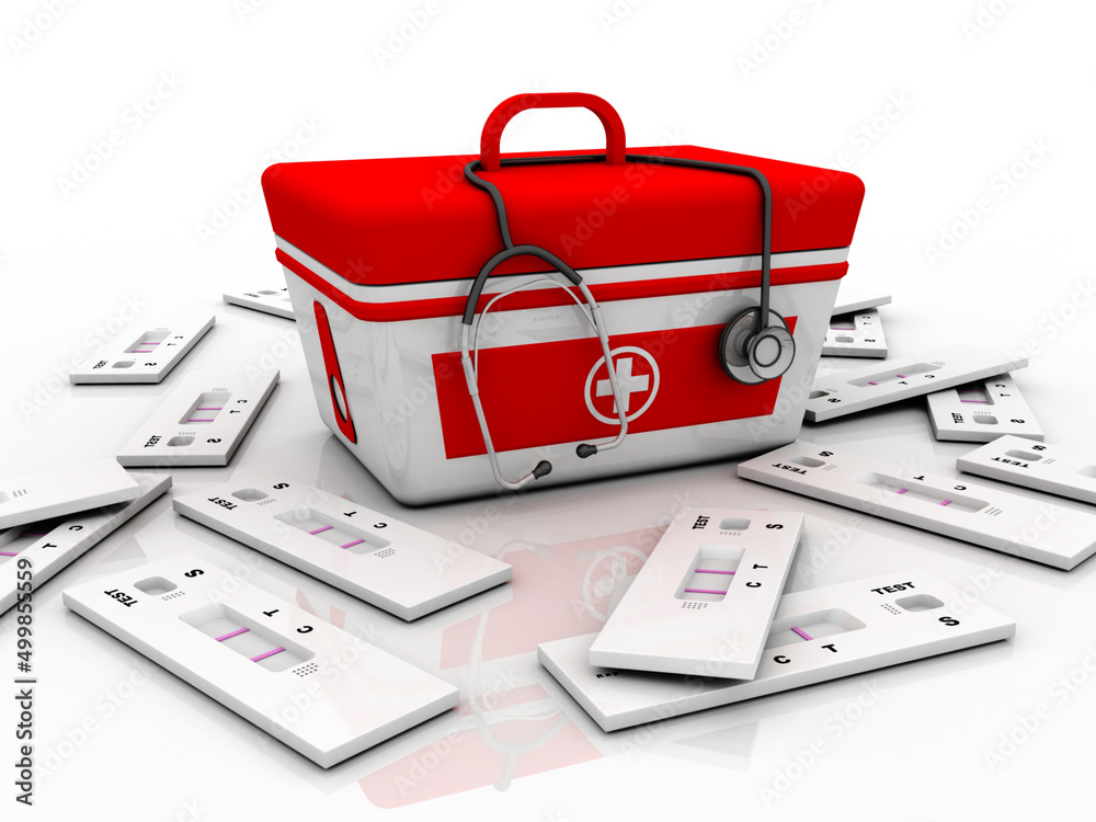 3d illustration rapid home self test kit with first aid box and ...