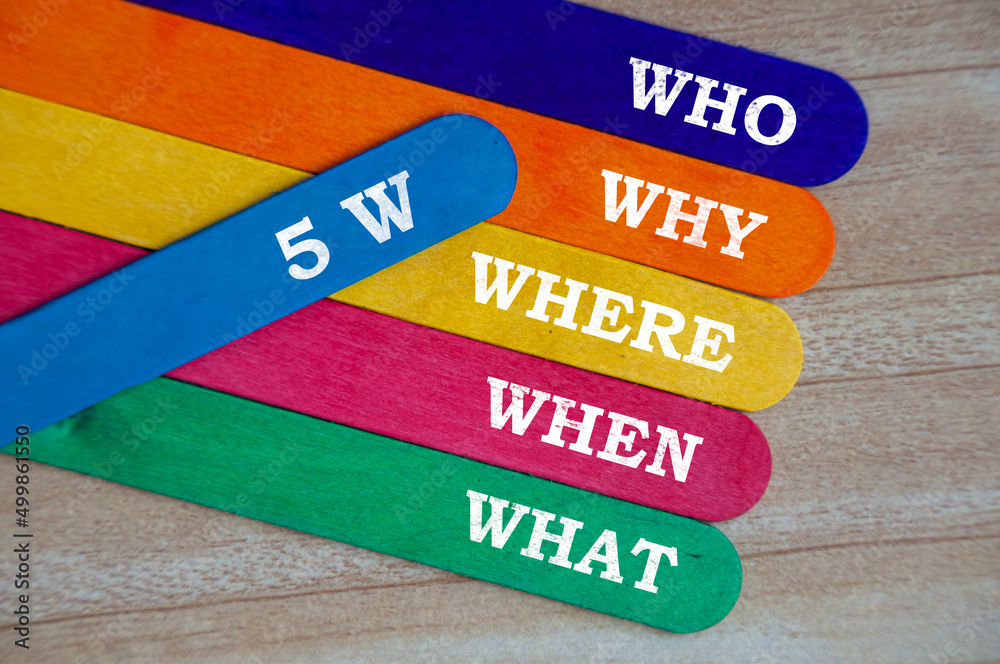 5 W text on wooden sticks - Who, Why, Where, When and What. Conceptual ...