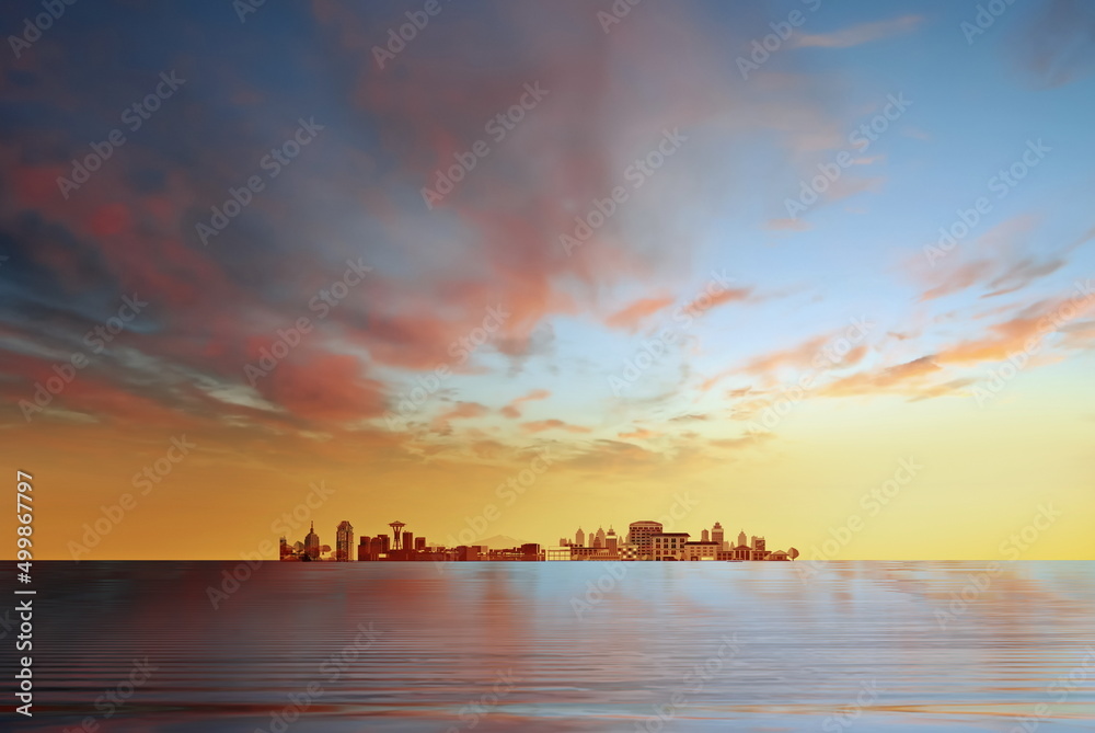 city at sunset view from window shadow urban sunset at sea gold ...