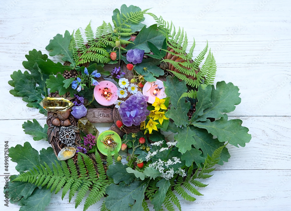 Wiccan Altar for Summer solstice, Litha pagan holiday. wheel of the ...