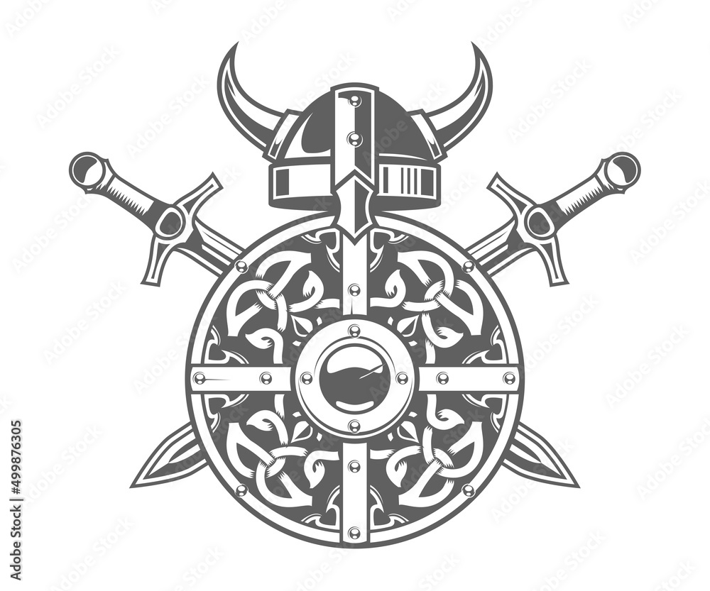Round viking shield with celtic pattern and horned helmet, barbarian coat of arms with two ...