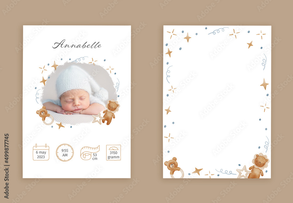 Watercolor Baby Introducing Cards Set Stock Template | Adobe Stock