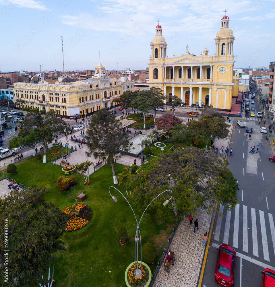 Chiclayo, Peru: Aerial drone view of the Chiclayo main square and ...