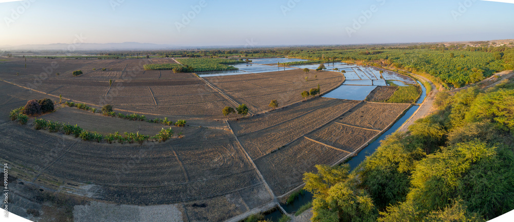Piura, Peru: Aerial view of rice fields in the Chira river valley, very ...