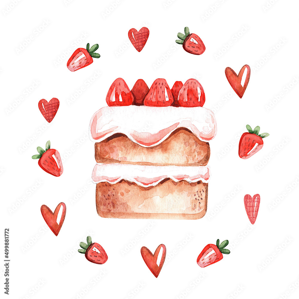 Strawberry cake card. Watercolor hand drawn illustration, isolated on ...