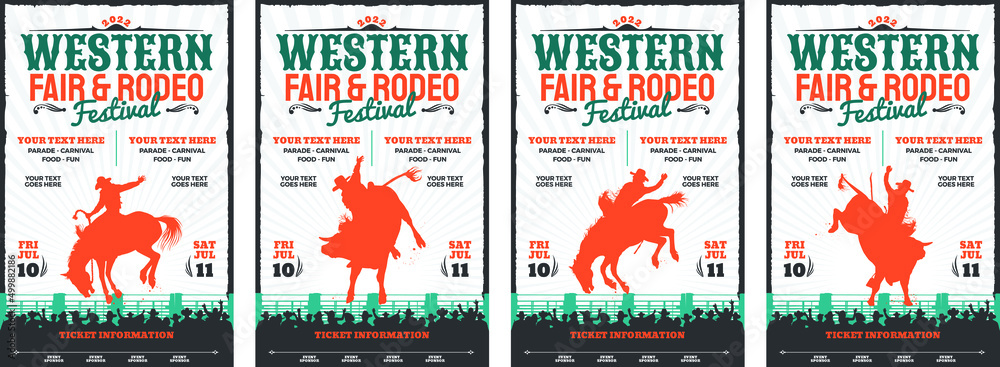 Four (4) rodeo event posters. Each has a different silhouette. A saddle ...