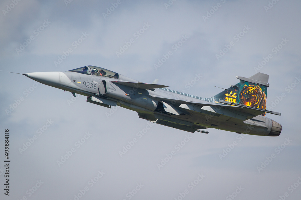 Czech Air Force Saab Gripen fighter jet on the runway departing to a ...
