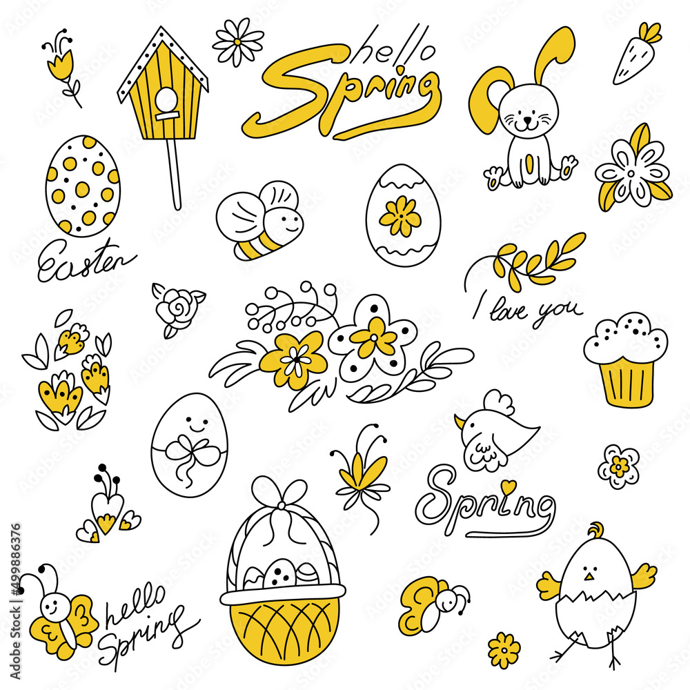Collection of spring doodle icons. Cute children's drawings for Easter ...