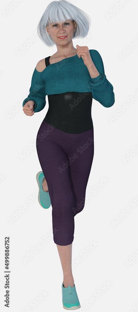 Susan is an on-the-go white-haired woman standing on an isolated white ...