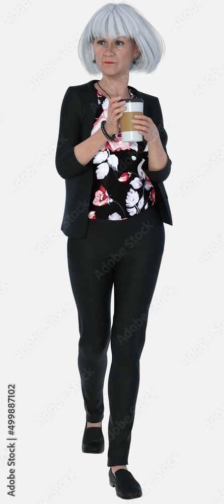 Susan is an on-the-go white-haired woman standing on an isolated white ...