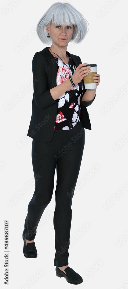 Susan is an on-the-go white-haired woman standing on an isolated white ...