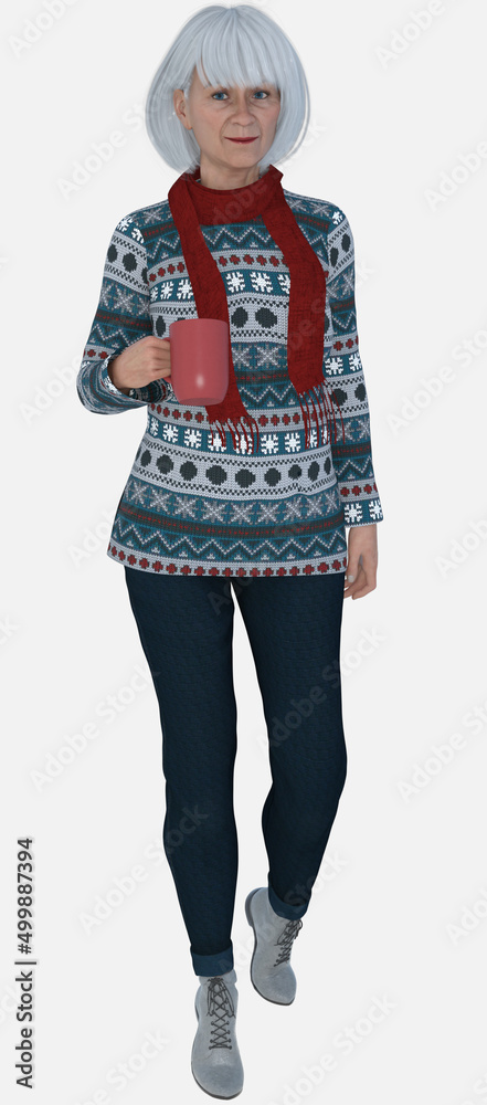 Susan is an on-the-go white-haired woman standing on an isolated white ...