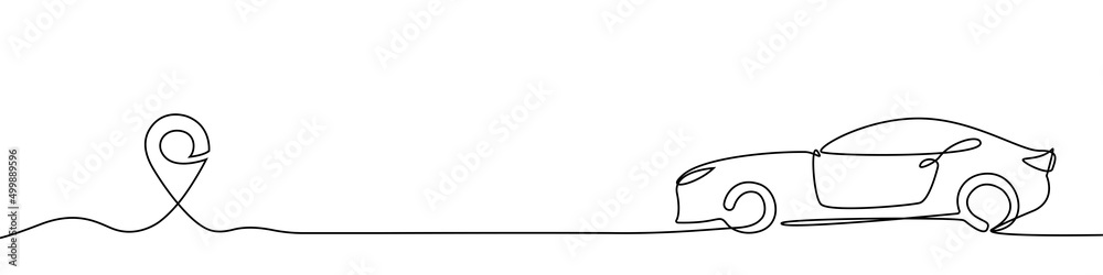 Continuous one line drawing car path to location pin pointer. Reach the ...
