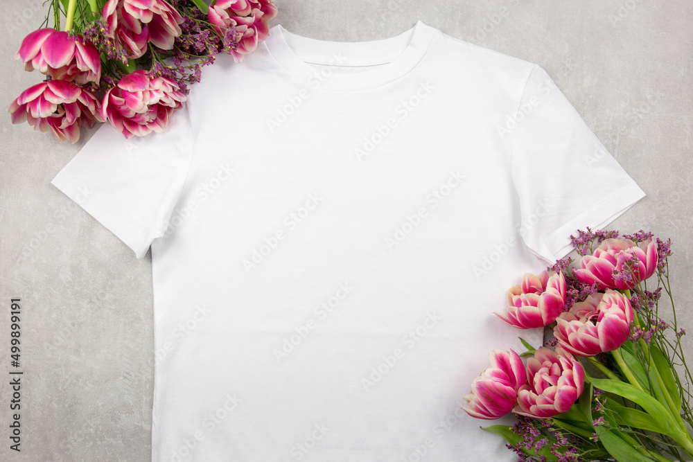 White Womens Cotton T Shirt Mockup With Pink Tulips Flowers On Gray
