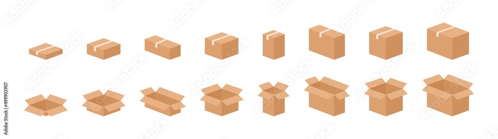Carton box collection. Opened and closed carton boxes. Cardboard box ...