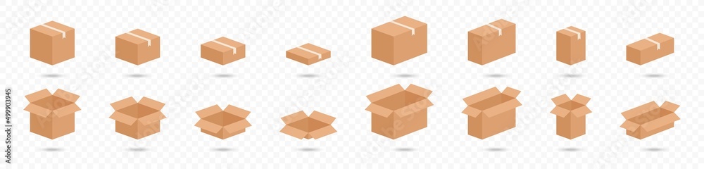 Carton box collection. Opened and closed carton boxes. Cardboard box ...