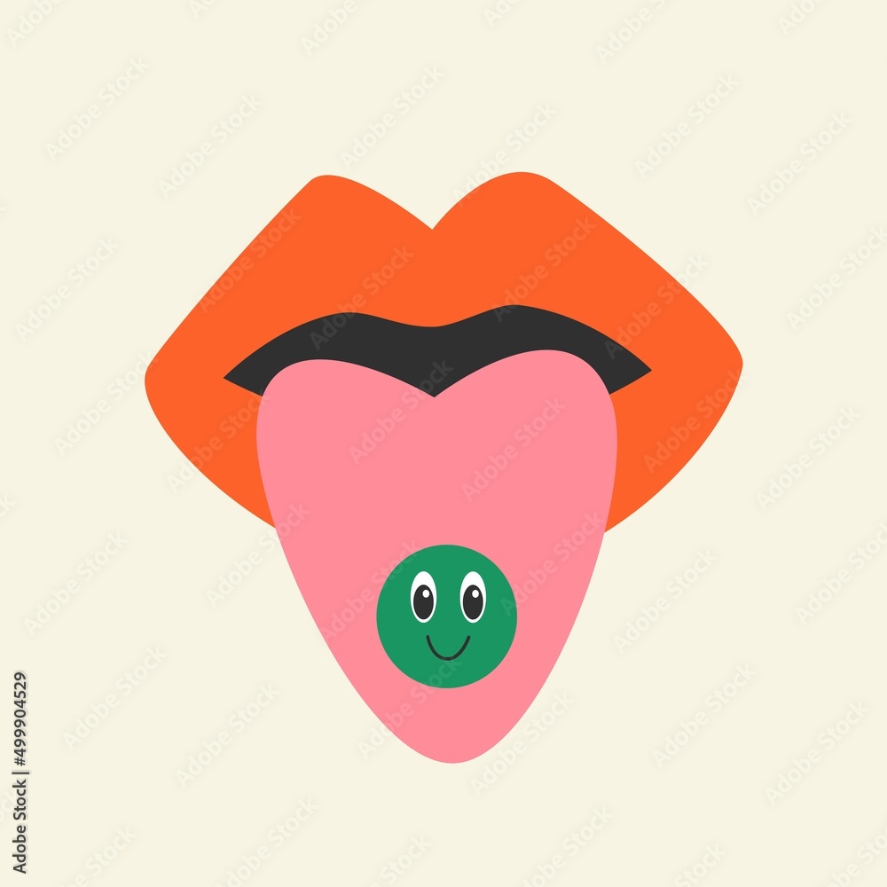 Lips with tongue. Show tongue. Tablet on the tongue in the form of a ...