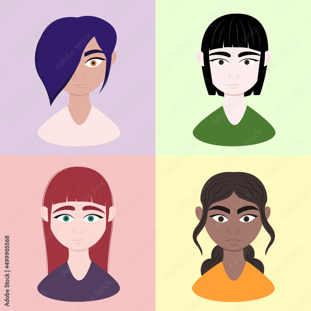 Women different race portrait cartoon set. Beautiful American, Asian ...