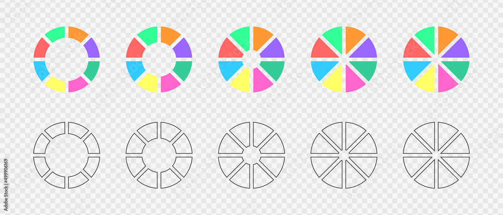 Donut charts set. Circle diagrams divided in 8 sections in flat and ...