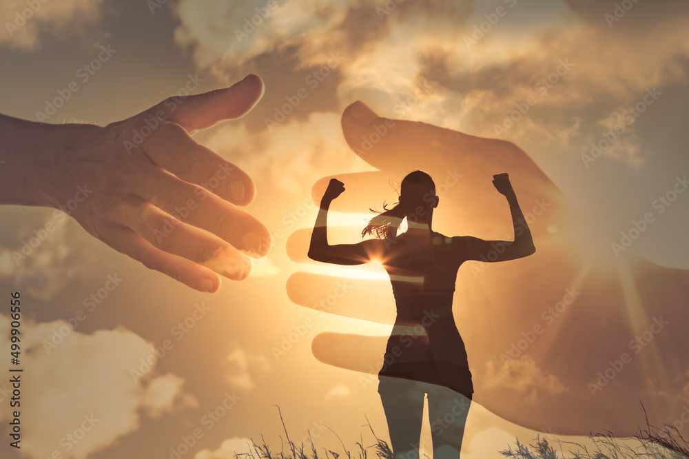 Young woman getting helping hand support, finding strength to overcome ...