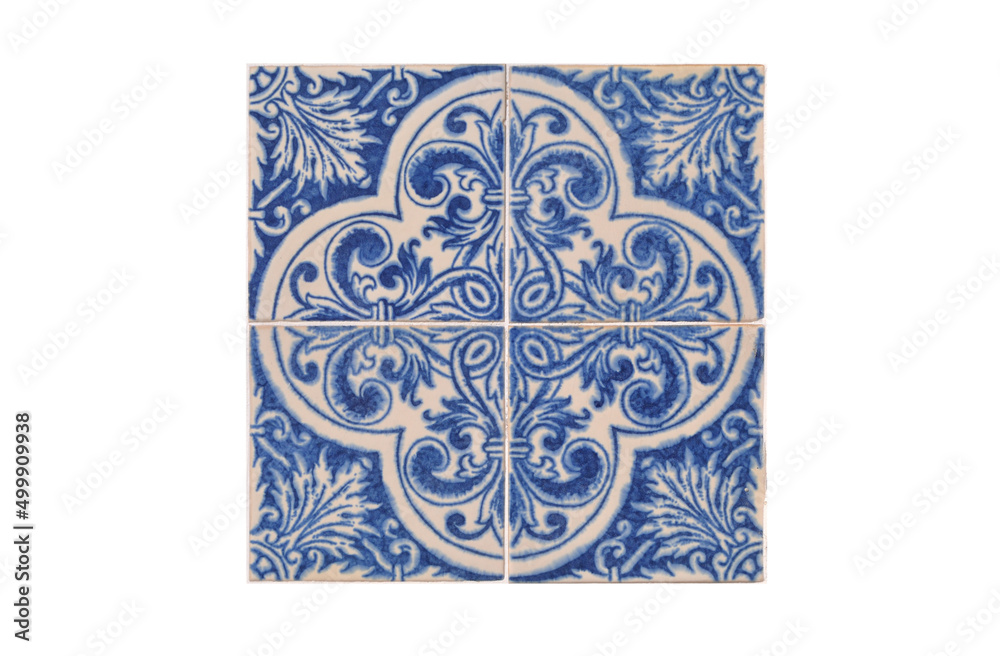 Padrão de azulejos a uma cor, azul com motivos de flores, típico de ...