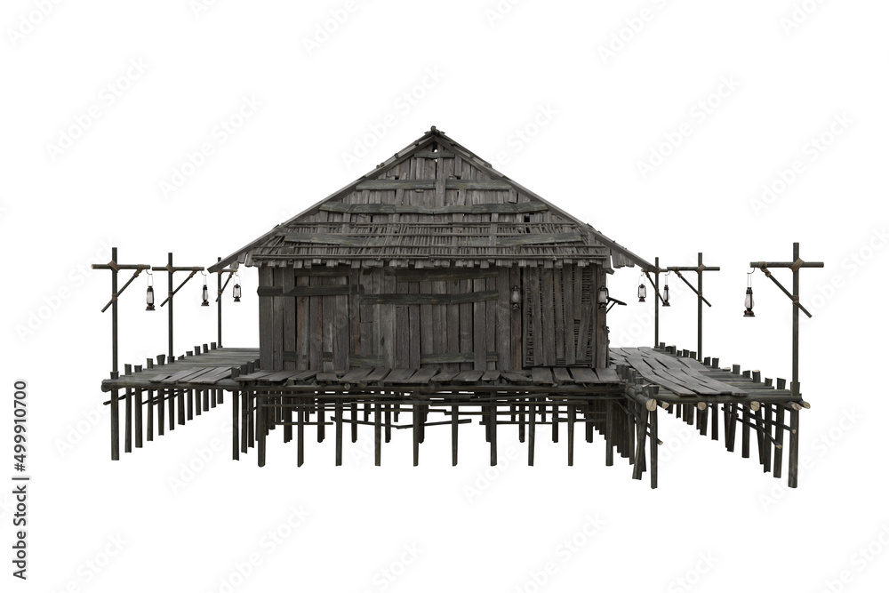 Old wooden swamp house built on stilts over water. 3d rendering ...
