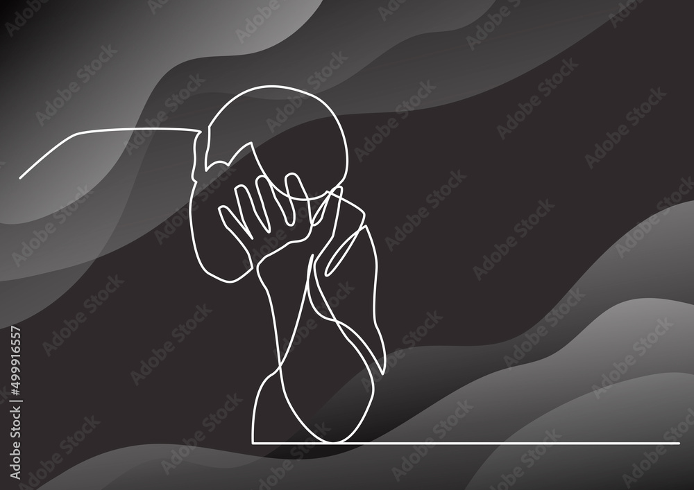 continuous line drawing of person dealing with mental issues depression ...