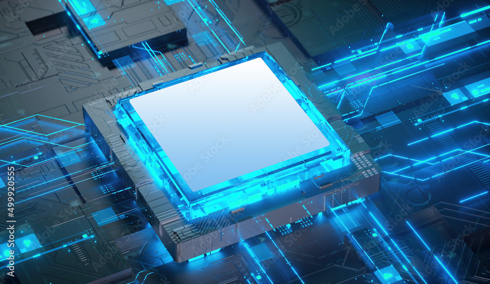 3D rendering of cyberpunk AI. Circuit board. Technology background ...