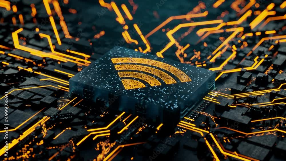 Wireless Technology Concept with wifi symbol on a Microchip. Orange ...
