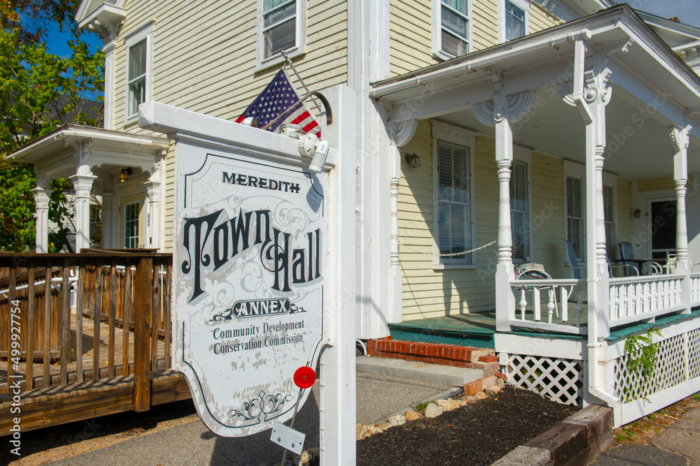Meredith Town Hall sign at 41 Main Street in historic town center of ...