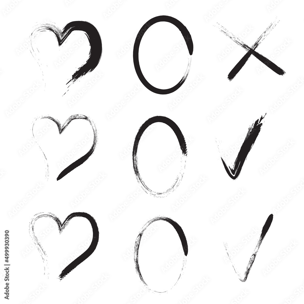 Brush hearts ticks crosses. Check, check mark icon. Love symbol. Tick ...