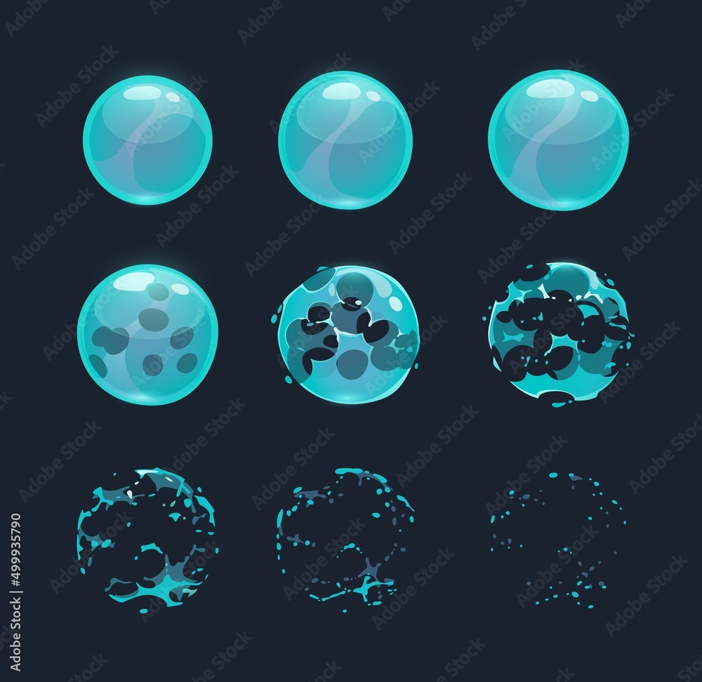Naklejka Soap bubble burst effect animated sprite. Vector storyboard ...