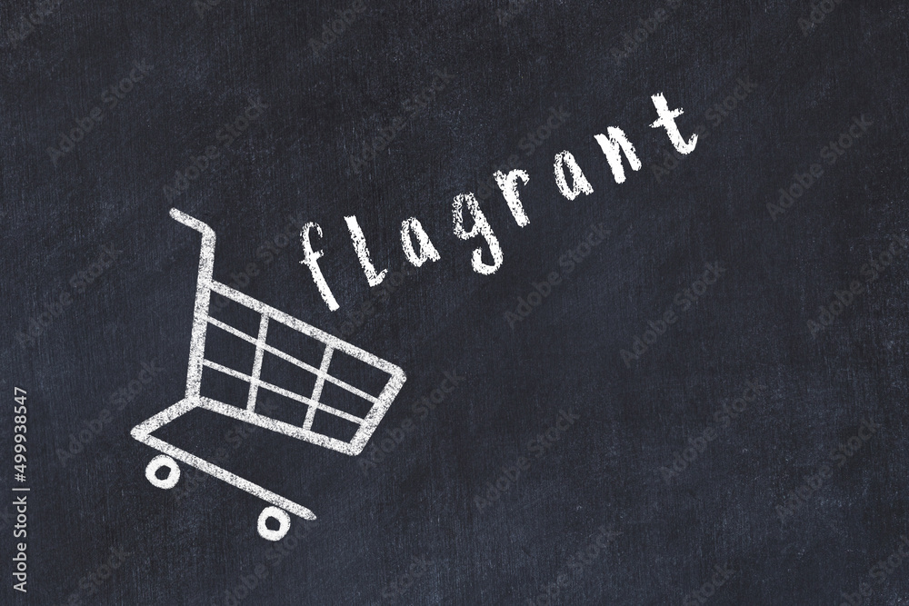 Chalk drawing of shopping cart and word flagrant on black chalboard ...