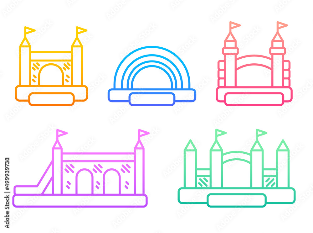 Bouncy castle gradient outline icons. Jumping inflatable houses on kids ...